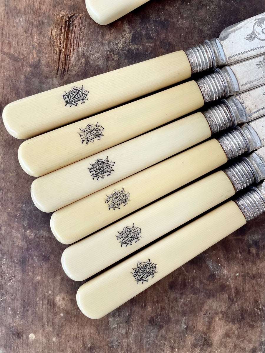 antique monogrammed celluloid handled fish set – The Thrifted Table